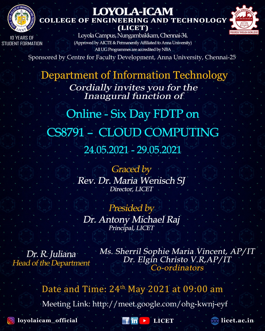 Inaugural Function Of Online Six Day Fdtp On Cs8791 Cloud Computing Licet