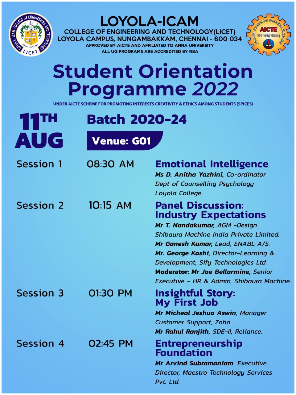 Student Orientation Programme 2022 – 11th August Agenda – LICET