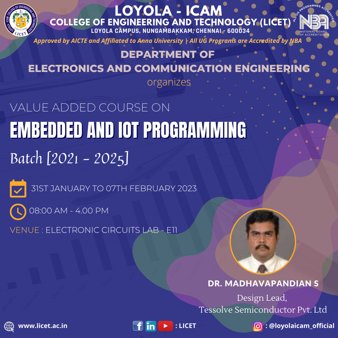 Value Added Course on Embedded and IOT Programming – LICET