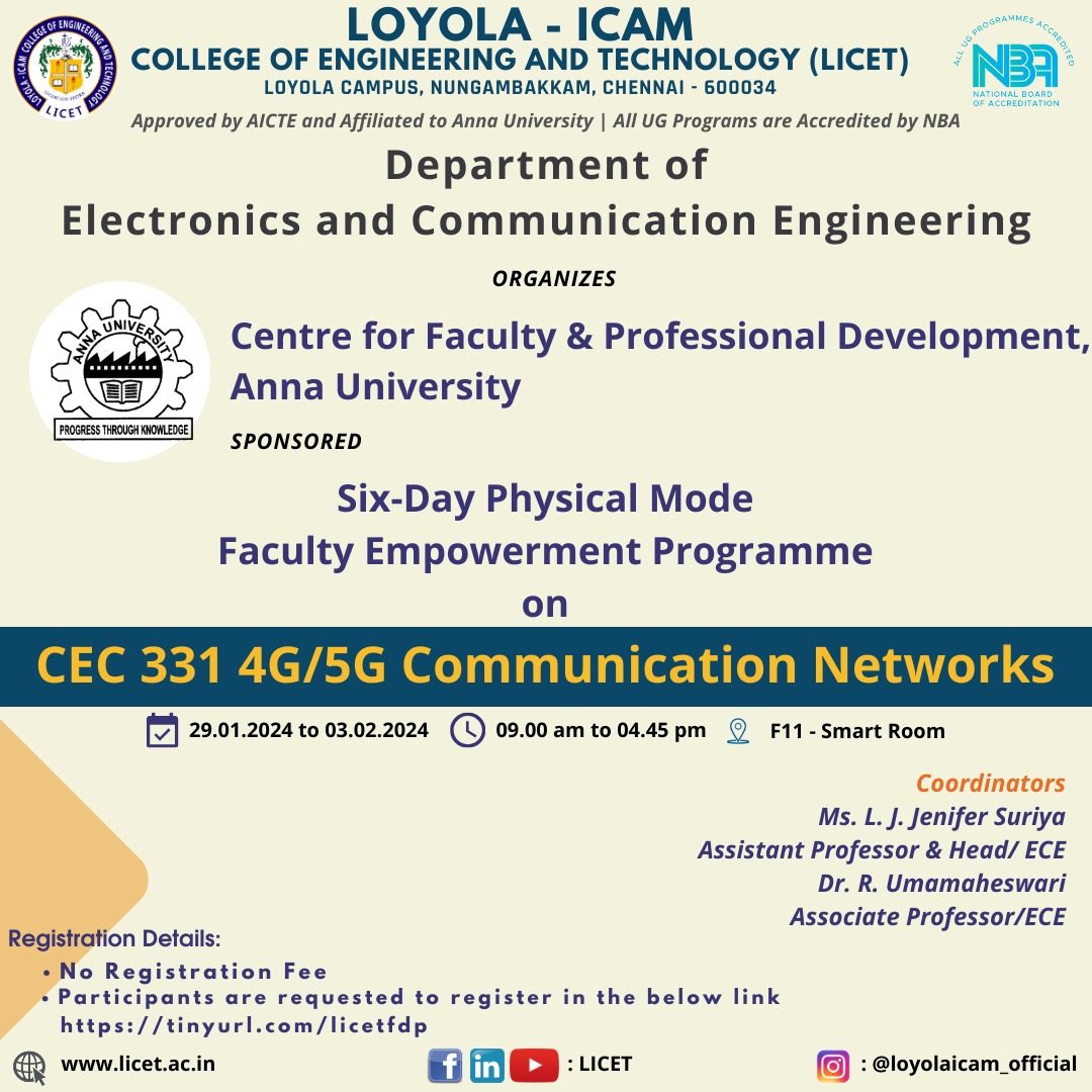 Six-Day Physical Mode Faculty Empowerment Programme on CEC 331 4G/5G Communication Networks – LICET