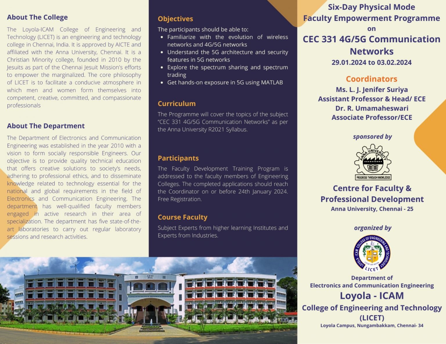 Six-Day Physical Mode Faculty Empowerment Programme on CEC 331 4G/5G Communication Networks – LICET